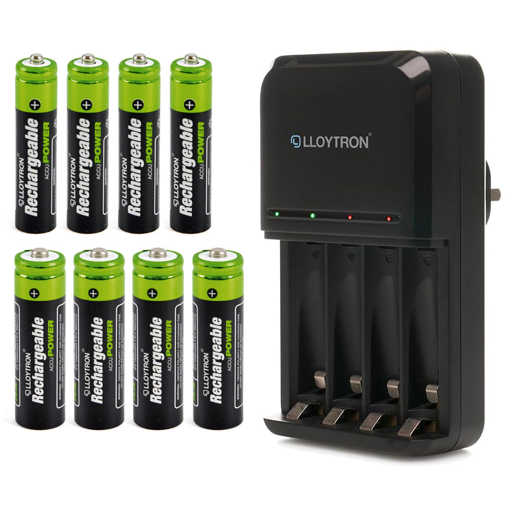 Smart Battery Charger Ultra Fast Plug-in + 8 Rechargeable Batteries AA