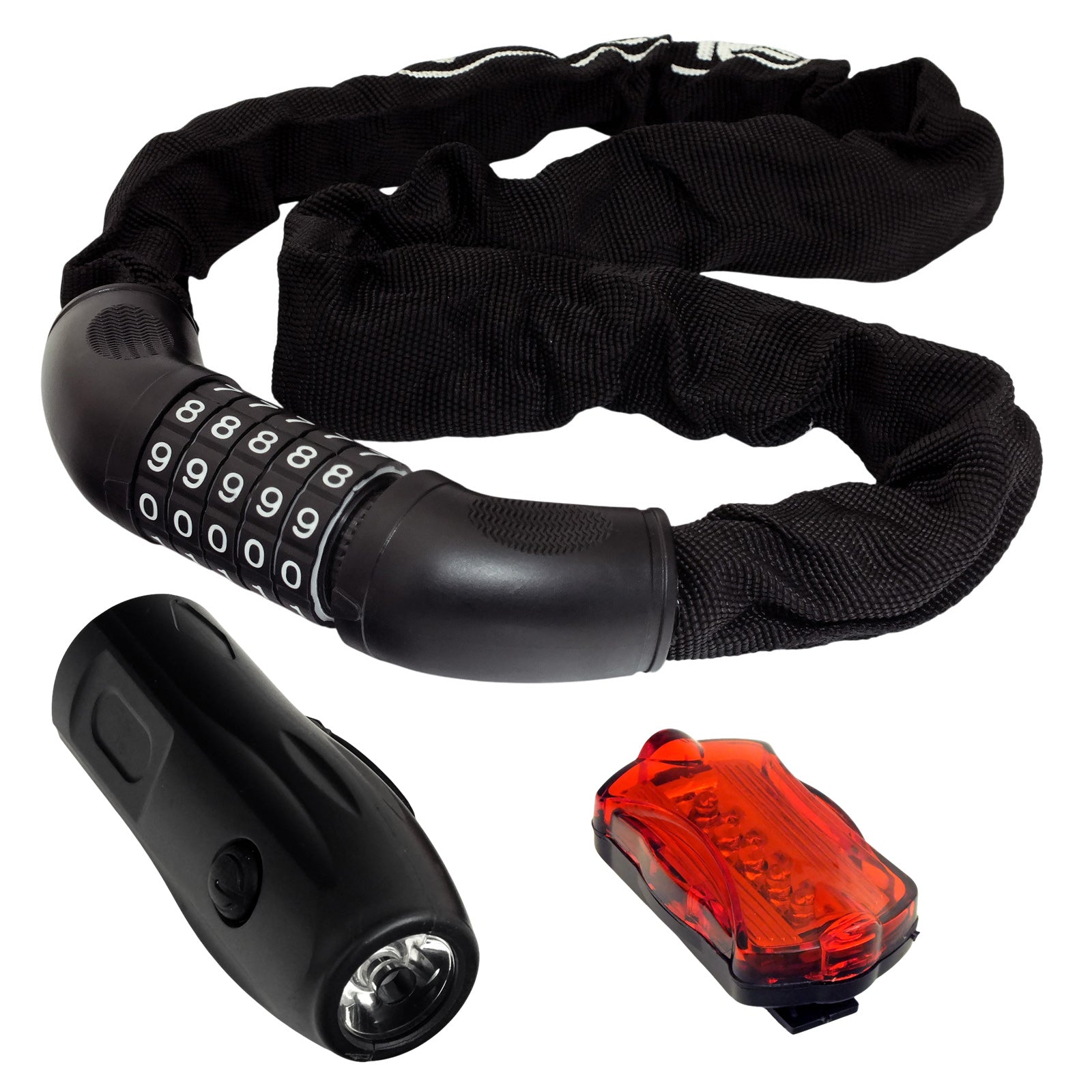 0.9m Bike Security Chain & Padlock + 2pc Cycle Lights 5 Digit Combinat