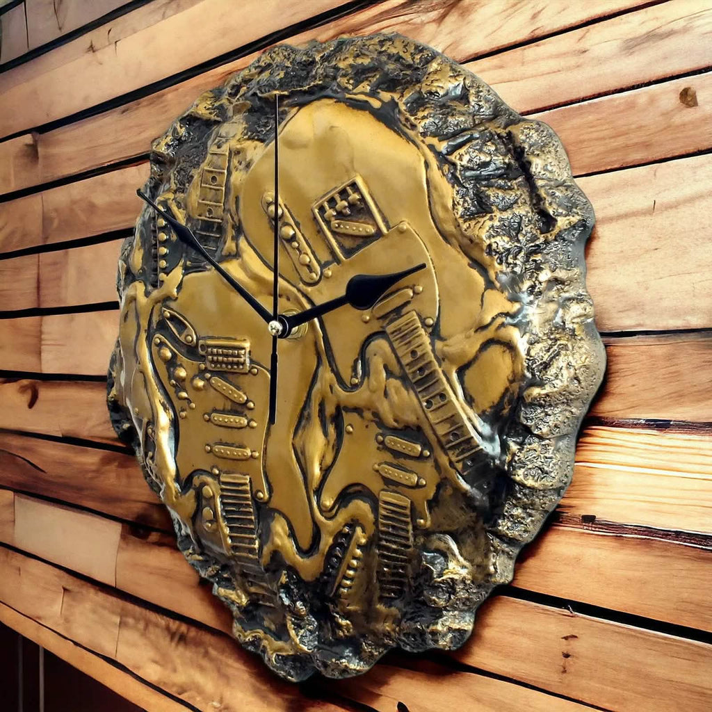 £2.95 10" Wall Mounted Guitar Clock 3D Gold Effect with Quartz Movement ...