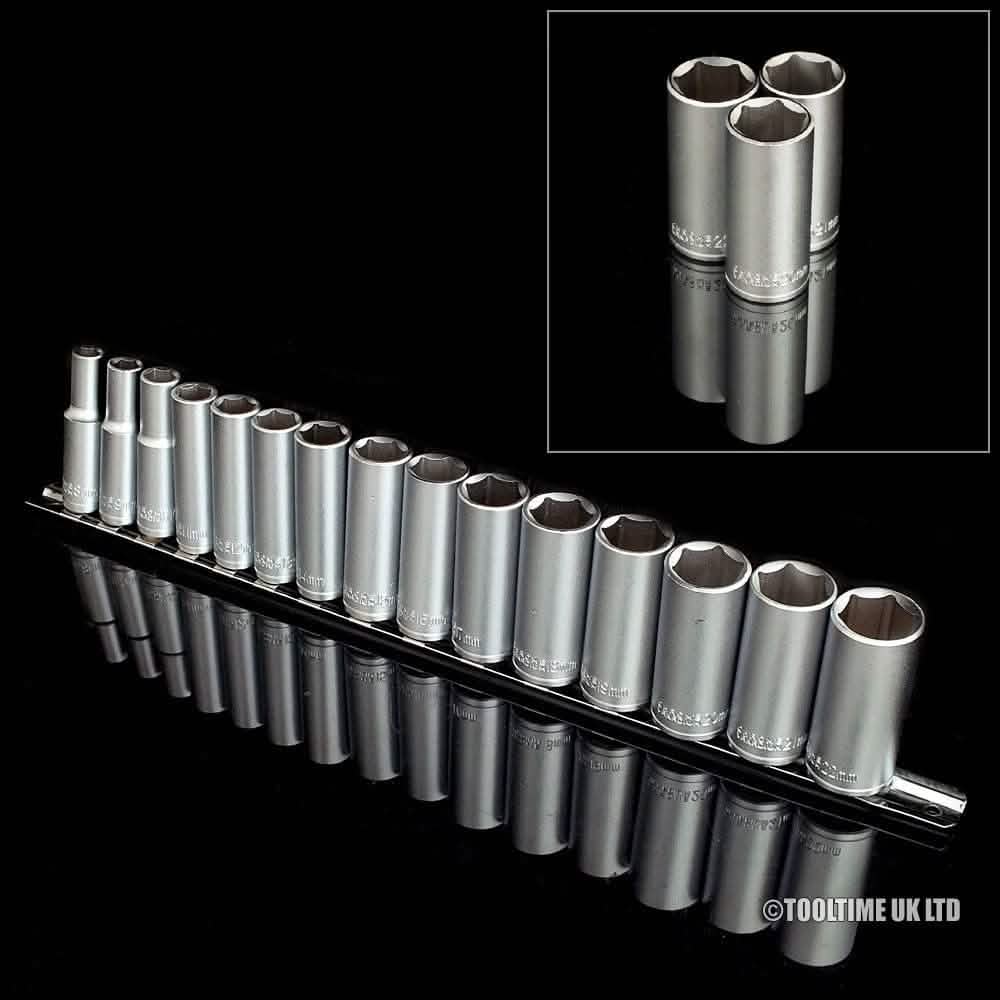 £11.63 15pc 3/8" Drive Metric Deep Socket Set 8mm-22mm + Storage Rail ...